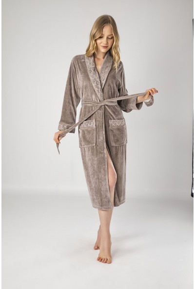 Nuşa Mürdüm Yaka Jakarlı Bambu Cotton Bayan Sabahlık