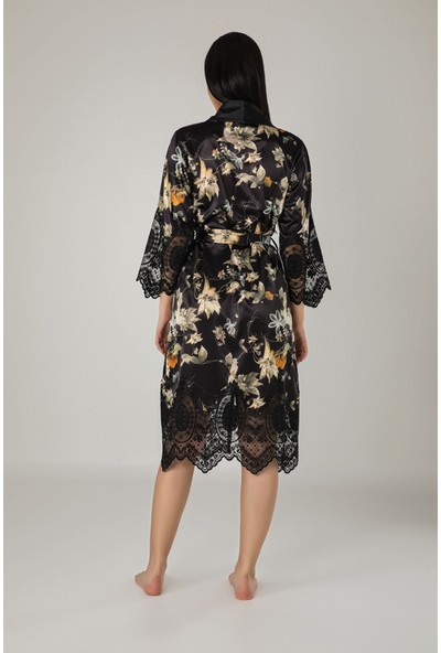 Nuşa Şal Yaka Dantel Brode Çiçekli Saten Bayan Sabahlık