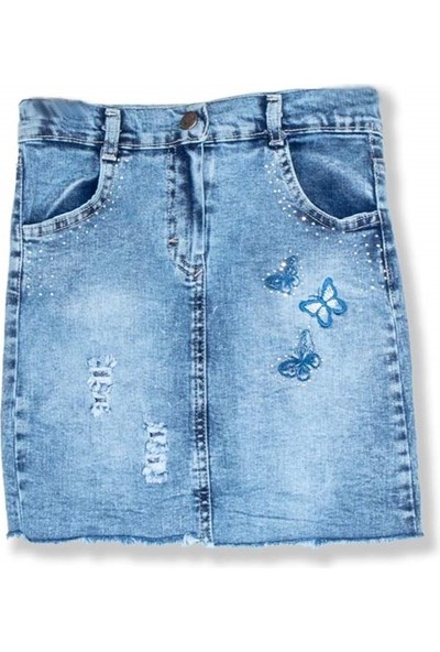 Kelebek Nakışlı Kız Çocuk Kot Etek