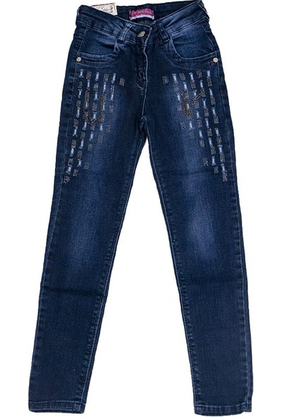 Pamuk Likralı Cepleri Taş Detaylı Zincirli Koyu Mavi Kız Çocuk Kot Pantolon
