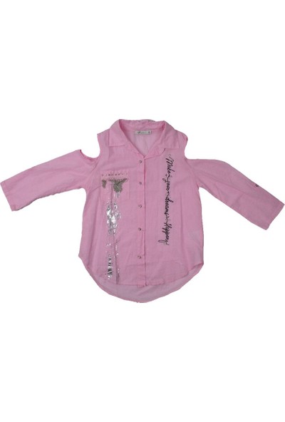 Pembe Taş Detaylı Omzu Açık Kız Çocuk Gömlek Pembe Taş Detaylı Omzu Açık Kız Çocuk Gömlek