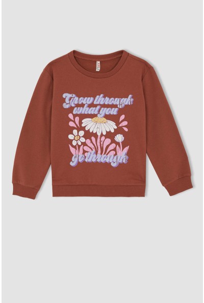 DeFacto Kız Çocuk Regular Fit Bisiklet Yaka Baskılı İnce Sweatshirt Kumaşı İçi Yumuşak Tüylü Sweatshirt W8531A621AU