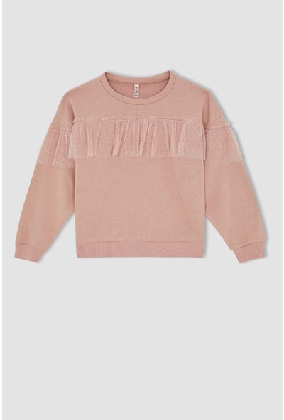 DeFacto Kız Çocuk Regular Fit Bisiklet Yaka Tül Volanlı Kalın Sweatshirt Kumaşı Sweatshirt V9866A621WN