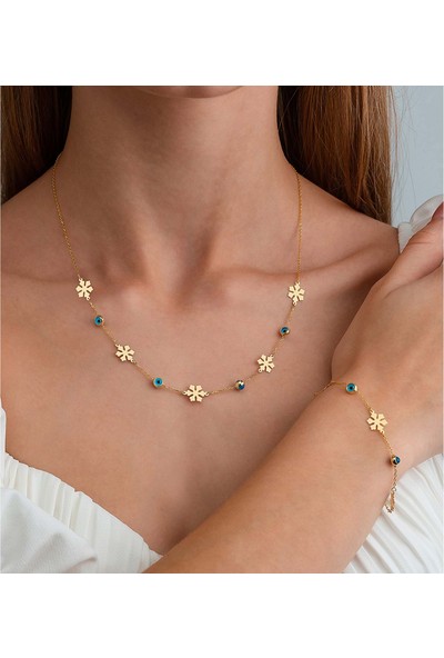 Else Silver 925 Ayar Gümüş Cam Göz Kar Tanesi Bileklik Kolye Kombin