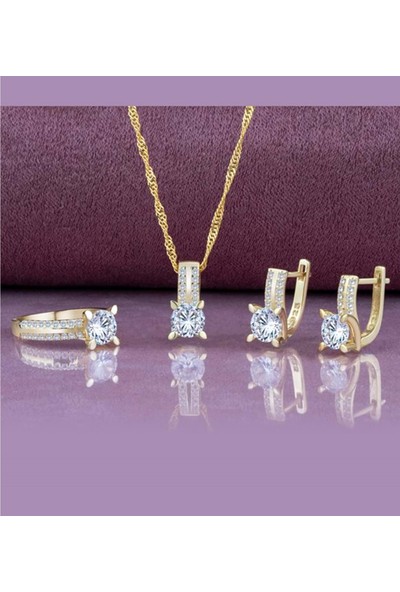 Else Silver Singapur Zincirli Mekik Tırnaklı Gümüş Tek Taş Takı Seti - Else Silver - 12 - ADS2530-ALTIN Kaplama-12