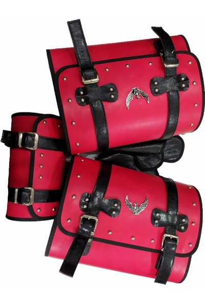 Motospartan Üçlü Suni Deri Çanta Seti 2 x Yan Çanta + 1 Sosis Çanta Kırmızı C