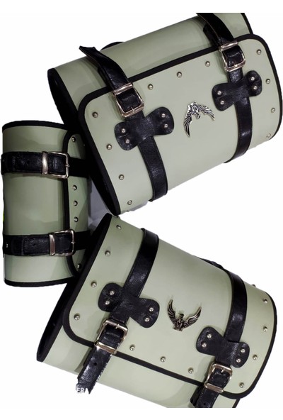 Motospartan Üçlü Suni Deri Çanta Seti 2 x Yan Çanta + 1 Sosis Çanta Açık Yeşi