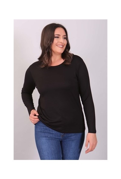 Trend42plus Büyük Beden Bisiklet Yaka Uzun Kol Siyah Bluz
