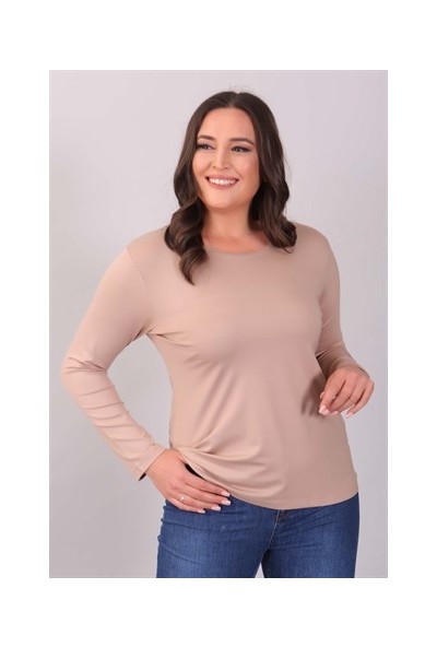 Trend42plus Büyük Beden Bisiklet Yaka Uzun Kol Vizon Bluz