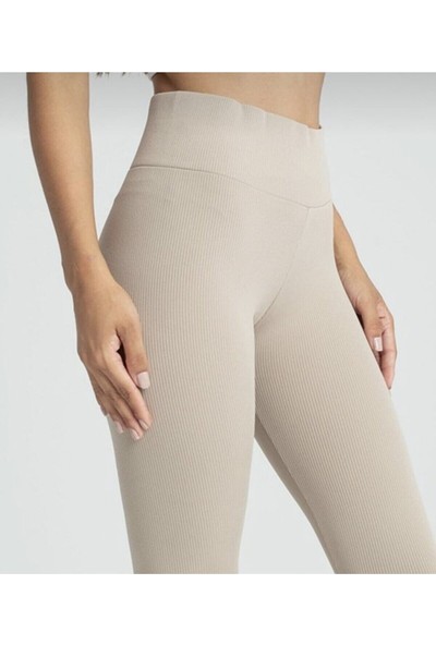 Fitilli Toparlayıcı Taş Rengi Yüksek Bel Tayt