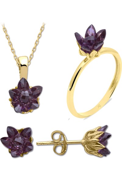 Aslı Gold Ametist Taşlı Altın Lotus Çiçeği Set (TKM0084)