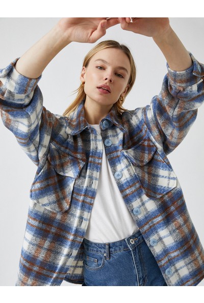 Koton 2Kak06838Ew Normal Kalıp KareliMavi Melanj Kadın Ceket