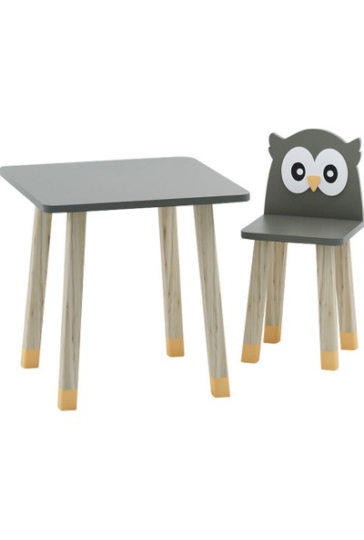 Ahşap Çocuk Oyun ve Aktivite Masa Sandalye Takımı - Baykuş-Gri