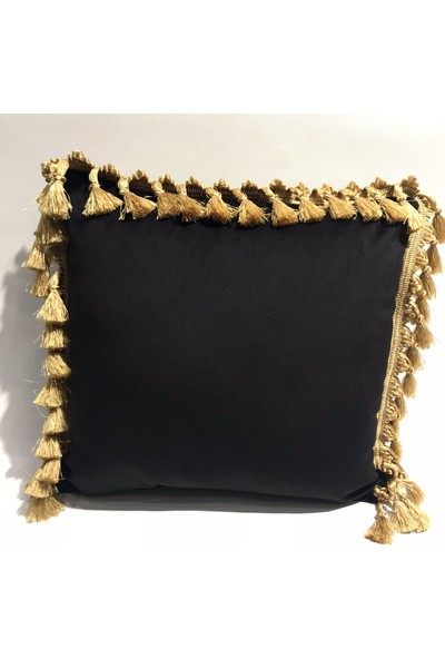 Özel Tasarım Gold Saçaklı Siyah Kadife Kırlent Kılıfı