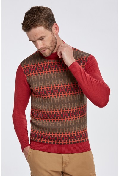 Hemington Yarım Balıkçı Desenli Kırmızı Yün Triko