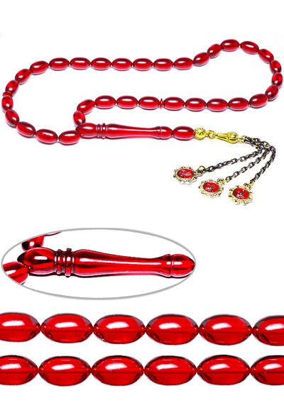 Tesbih Atölyesi Kırmızı Renkli Altın Kaplama Püsküllü Ateş Kehribar Tesbih