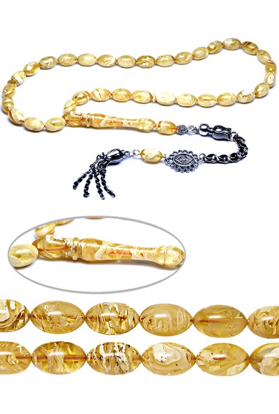 Tesbih Atölyesi Sarı Renkli Beyaz Hareli Saçaklı Püsküllü Sıkma Kehribar Tesbih