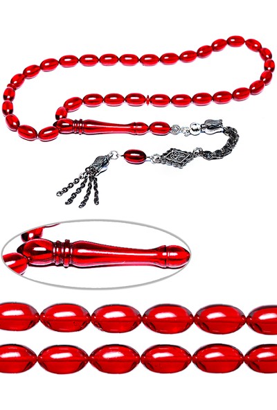 Tesbih Atölyesi Kırmızı Renk Saçaklı Püsküllü Ateş Kehribar Tesbih