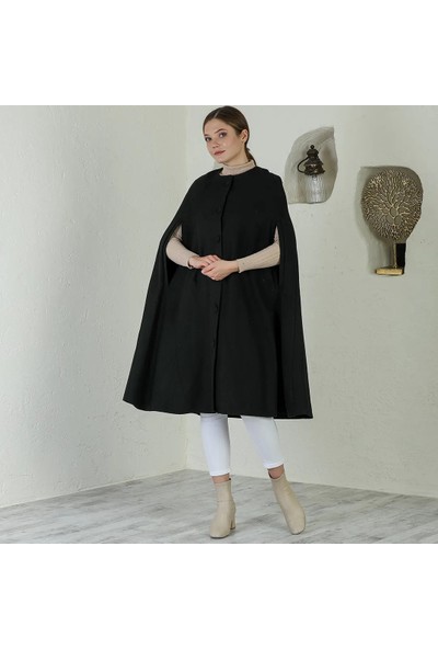 Ensade Bayan Kaşe Düğmeli Pelerin Panço