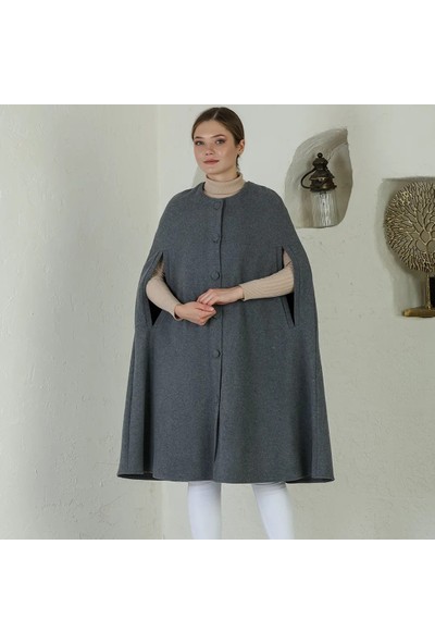 Ensade Bayan Kaşe Düğmeli Pelerin Panço