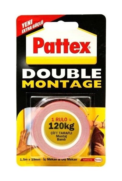 Pattex Henkel Pattex Henkel Pattex Double Montage 120 kg Montaj Bant 19 mm 1,5 Metre Pattex Henkel Pattex Henkel Pattex Double Montage 120 kg Montaj Bant 19 mm 1,5 Metre
