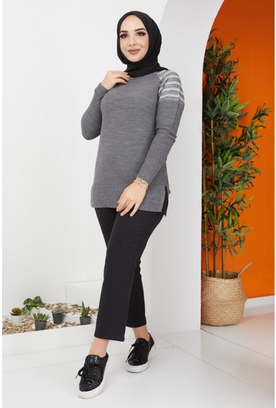 İmaj Butik Omuz Şerit Detaylı Triko Kazak/füme