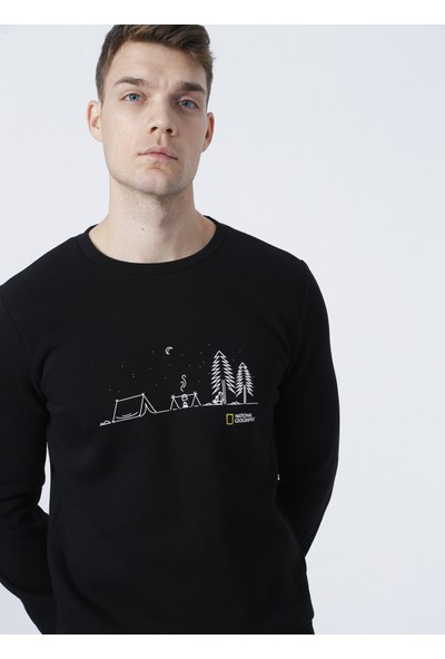 National Geographic Reni Bisiklet Yaka Uzun Kollu Standart Kalıp Baskılı Siyah Erkek Sweatshirt