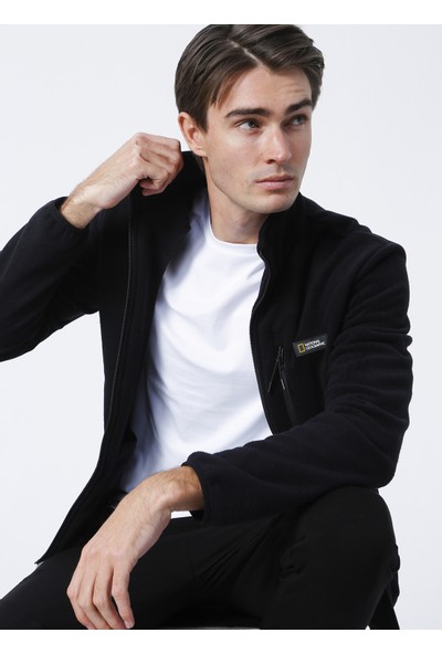 National Geographic I-Etna Dik Yaka Standart Kalıp Düz Siyah Erkek Polar Sweatshirt