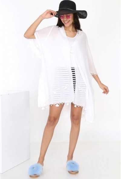 Miel Textile Turunç Beyaz Boncuklu Pareo