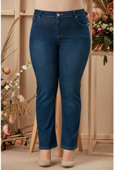 Rmg Boru Paça Yüksek Bel Likralı Büyük Beden Lacivert Kot Pantolon