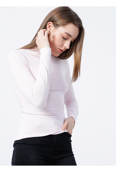 Fabrika I-Sette Dik Yaka Uzun Kollu Basic Çizgili Beyaz - Pembe Kadın T-Shirt Fabrika I-Sette Dik Yaka Uzun Kollu Basic Çizgili Beyaz - Pembe Kadın T-Shirt