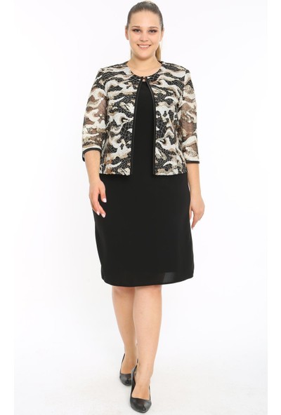 Ladies First Büyük Beden 3428 Siyah Bej Pullu Ceket+Elbise Takım