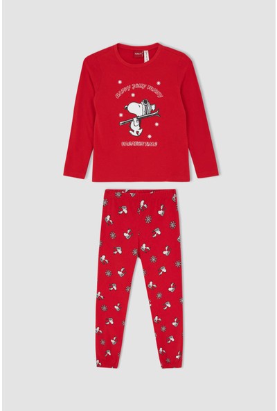 DeFacto Defacto Fit Kız Çocuk Snoopy Lisanslı Regular Fit Uzun Kollu Pamuklu Pijama Takım V6316A621WN