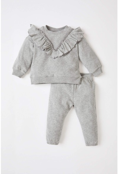 DeFacto Kız Bebek Regular Fit Bisiklet Yaka Uzun Kollu Triko Görünümlü 2'li Takım W9759A221AU