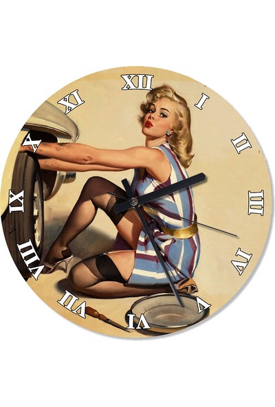Tablomega Otomobil Lastiği Değiştiren Çekici Kadın Şekilli Duvar Saati