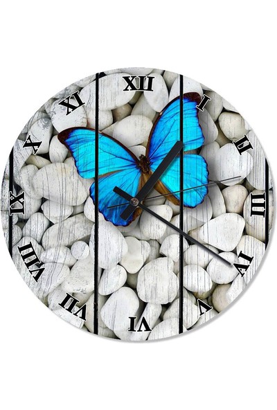 Tablomega Çakıl Taşı Mavi Kelebek Baskılı Duvar Saati