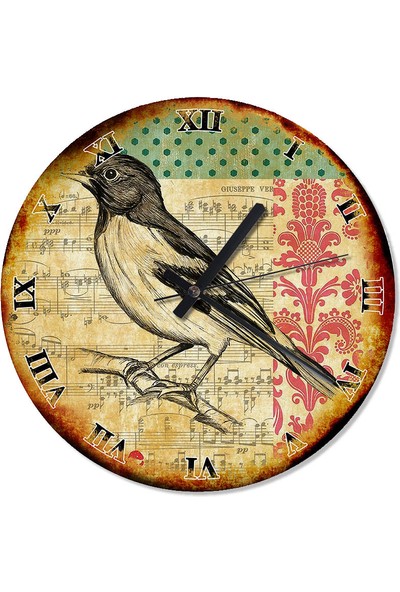Tablomega Eskimiş Zeminde Notalı Serçe Afişi Tasarım Duvar Saati