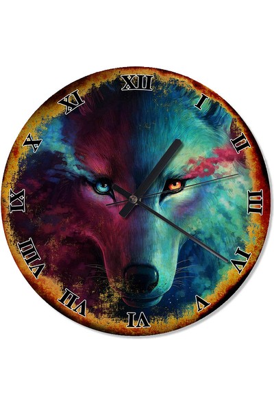 Tablomega Mavi Kırmızı Kurt Yüzü Duvar Saati