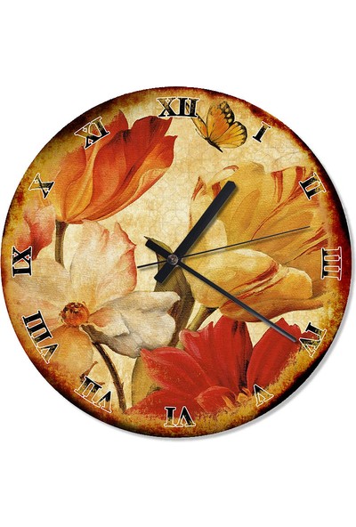 Tablomega Retro Tarz Çiçekler Akarlı Duvar Saati