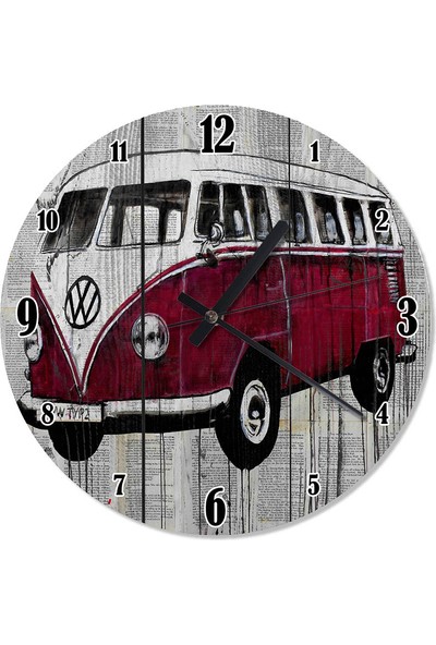 Tablomega Ahşap Gazete Küpürlü Zeminde Minübüs Retro Duvar Saati