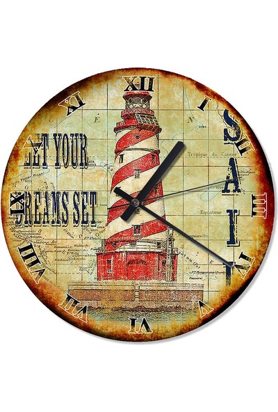 Tablomega Kırmızı Çizgili Deniz Feneri Çocuk Odası Duvar Saati