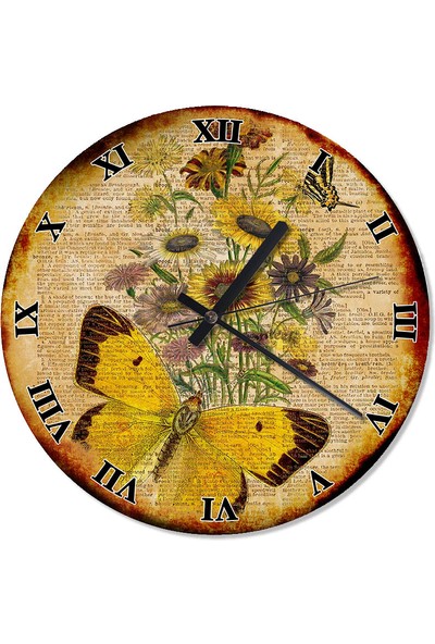 Tablomega Eski Sarı Kelebek ve Çiçek Tasarım Duvar Saati