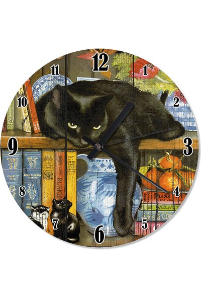 Tablomega Ahşap Zeminde Kitaplıktaki Kediler Desenli Duvar Saati