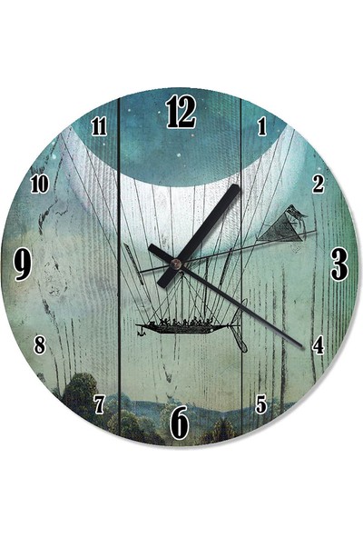 Tablomega Ahşap Zemin Uçan Yolcu Balonu Retro Duvar Saati