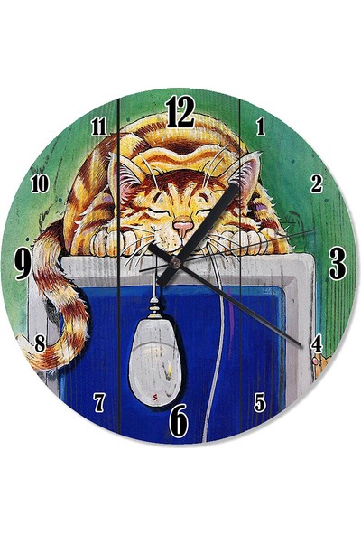 Tablomega Ahşap Zemin Monitör Ütünde Kedi Tasarım Duvar Saati