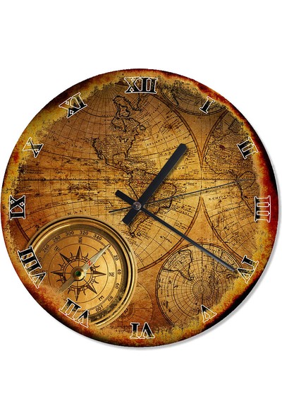 Tablomega Eski Zemin Pusula Harita Akarlı Duvar Saati