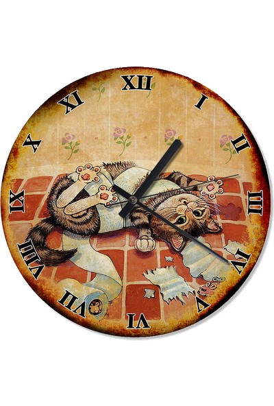 Tablomega Eski Peçete ile Oynayan Kedi Duvar Saati Tablomega Eski Peçete ile Oynayan Kedi Duvar Saati