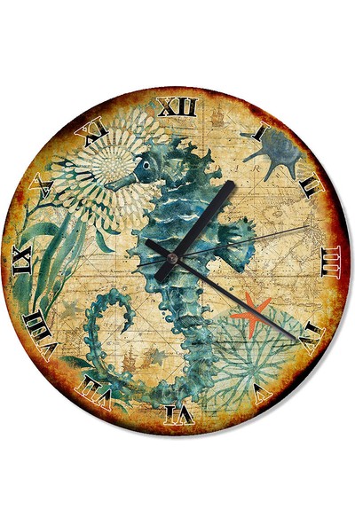 Tablomega Eski Zemin Deniz Atı ve Yıldız Retro Duvar Saati Tablomega Eski Zemin Deniz Atı ve Yıldız Retro Duvar Saati