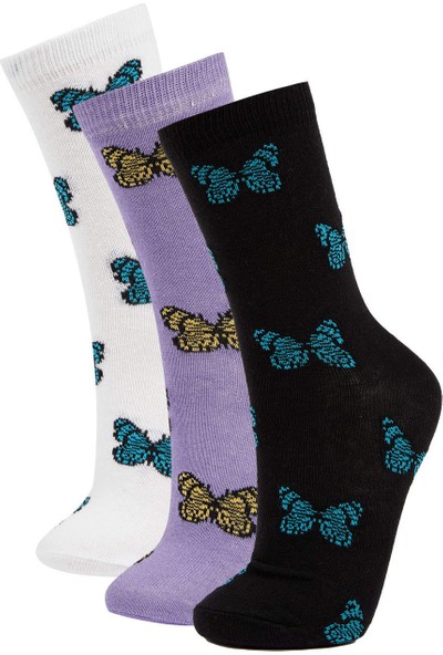 DeFacto Kadın Kelebek Desenli Pamuklu 3'lü Uzun Soket Çorap V5104AZ21WN