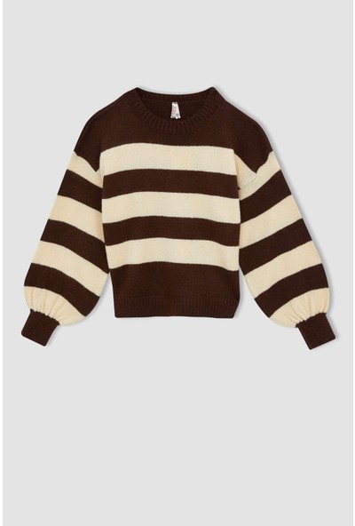 DeFacto Kız Çocuk Regular Fit Bisiklet Yaka Çizgili Kazak V0819A621WN